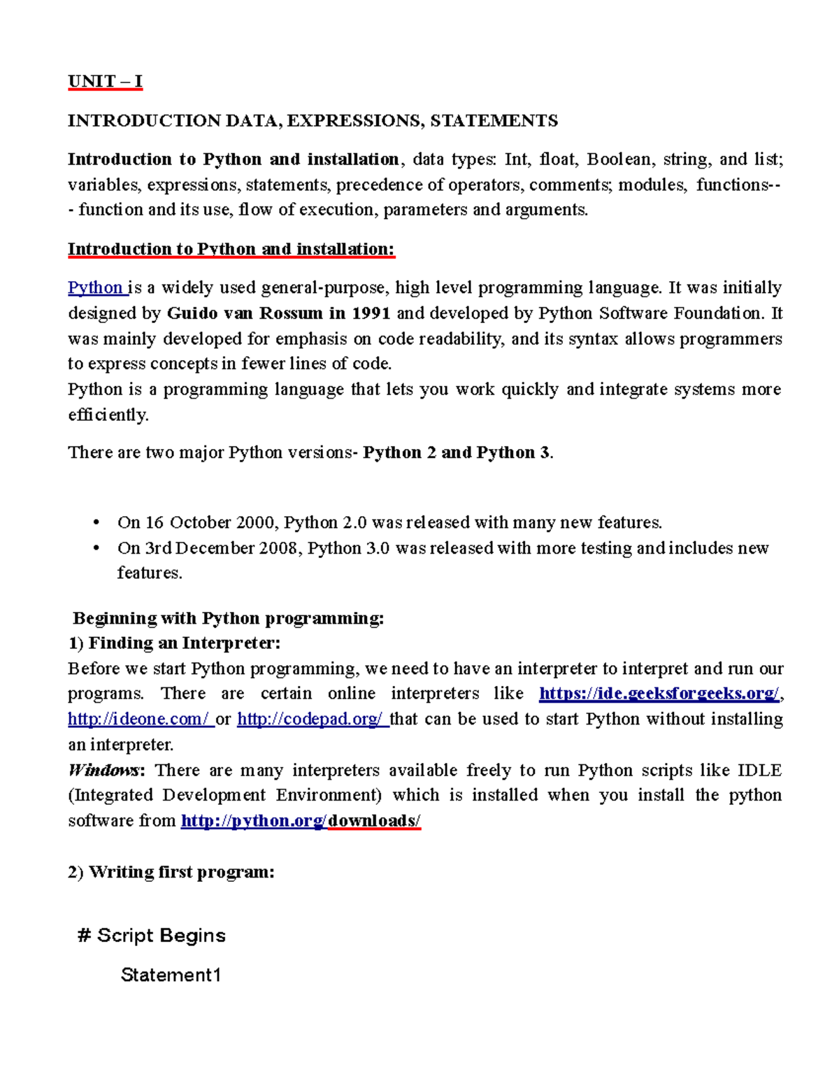 Python Programming Notes - Studocu