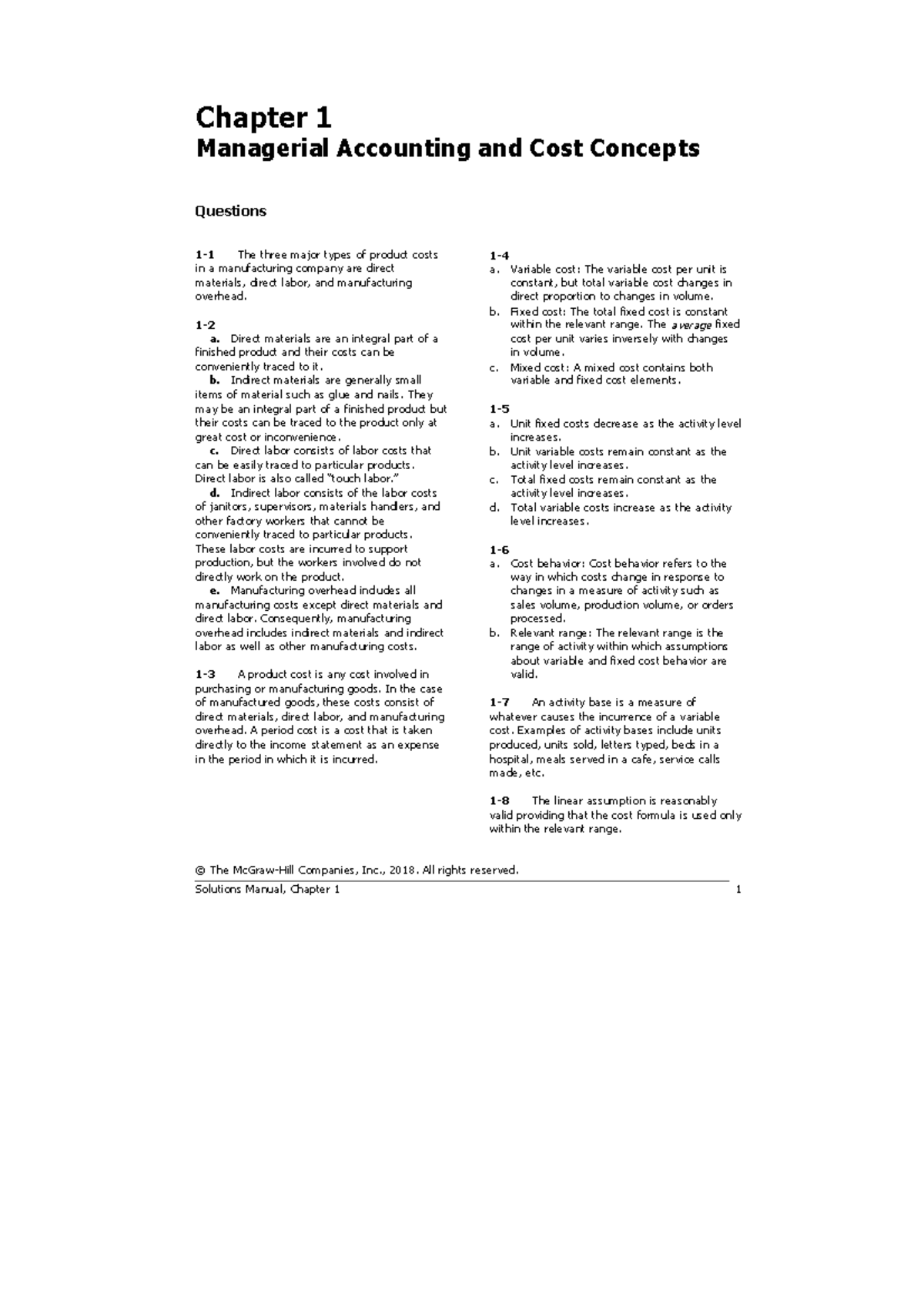 Managerial Accounting 6237: Chapter 1 Cost Concepts & Questions - Studocu