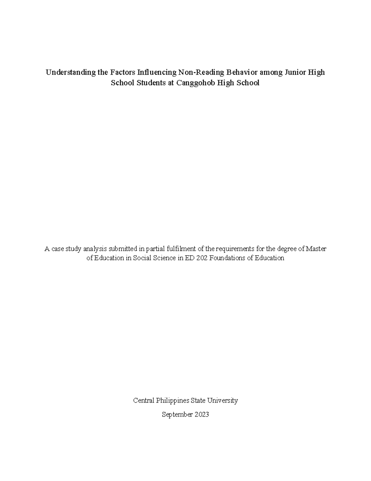 Case Study on Non-Reading Behavior in Junior High Students ED202 - Studocu