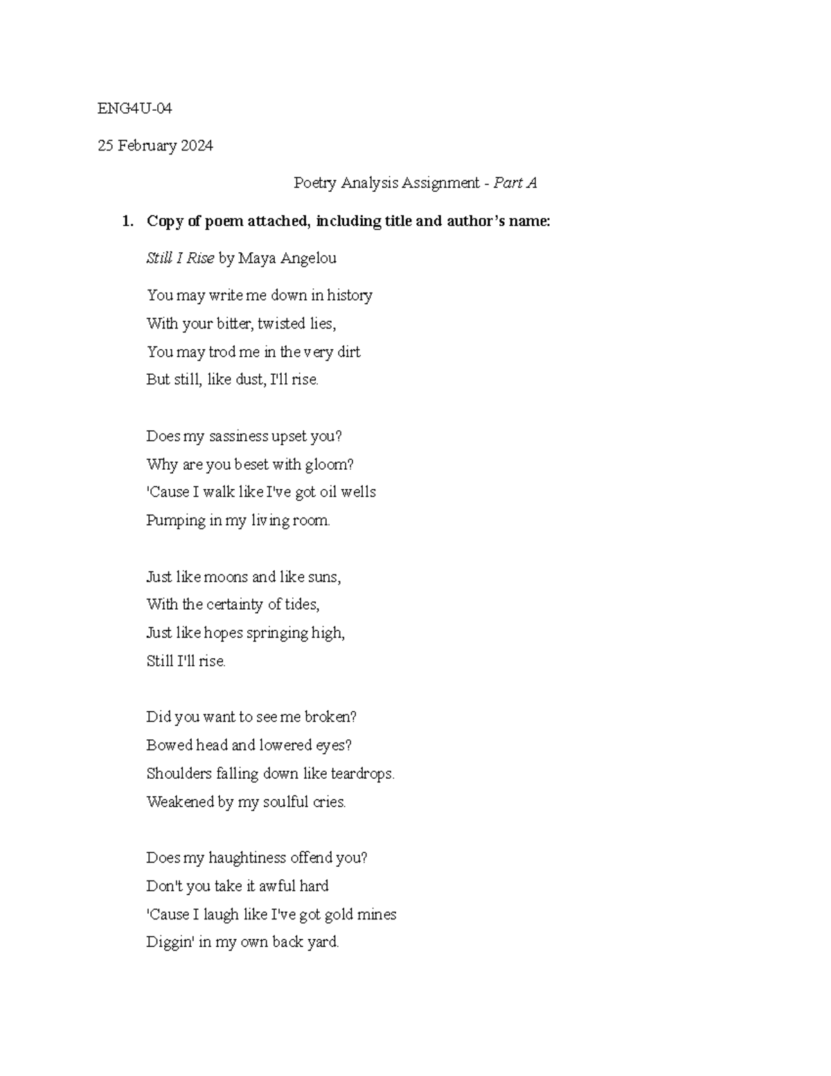 ENG4U Poetry Unit - Analysis of Maya Angelou’s "Still I Rise" - Studocu