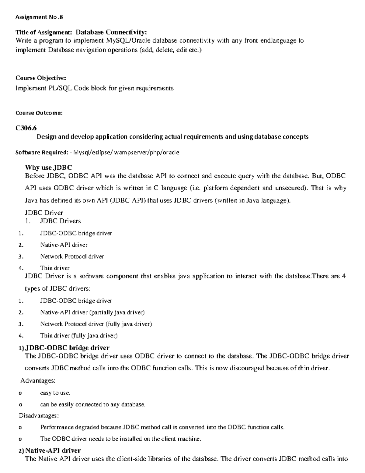 Database Connectivity Assignment - C306 - DBMS Lab - Studocu