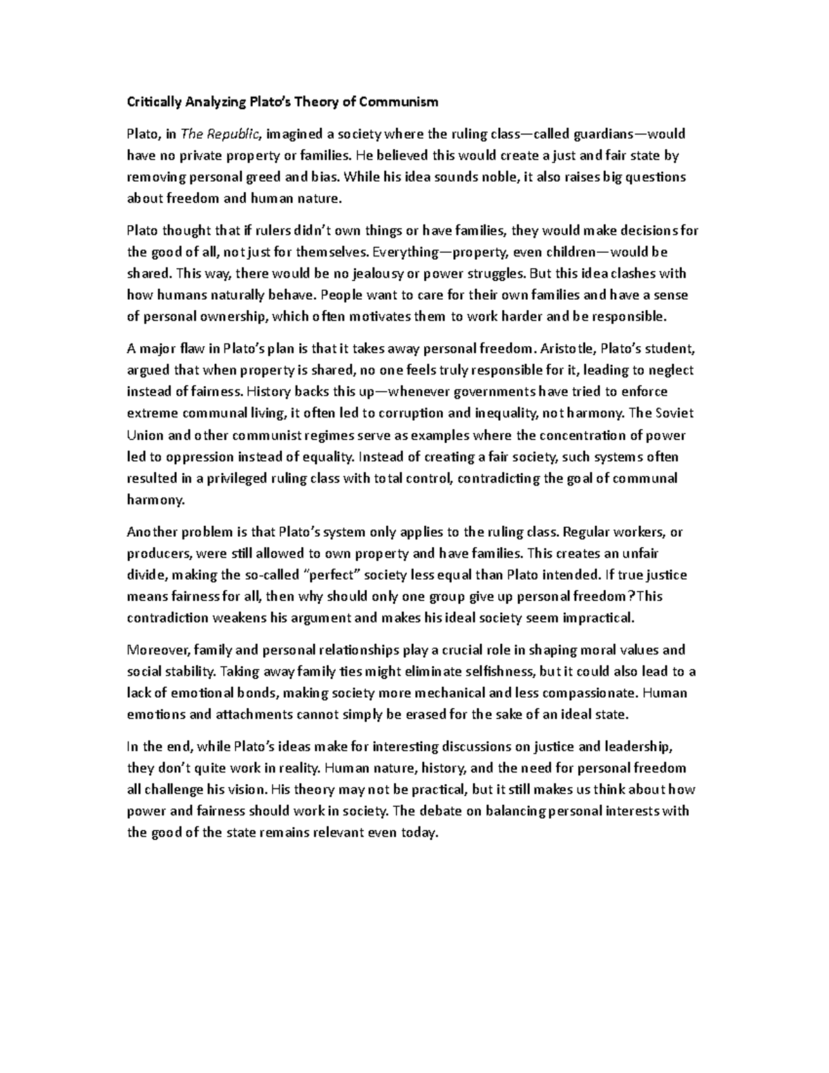 PLT 101: Critical Analysis of Plato's Theory of Communism and Its Flaws ...