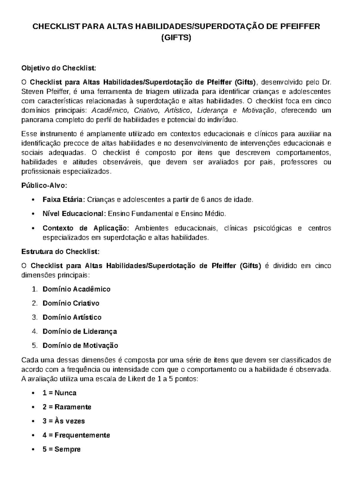 801090232 Checklist para Identificação de Altas Habilidades de Pfeiffer ...
