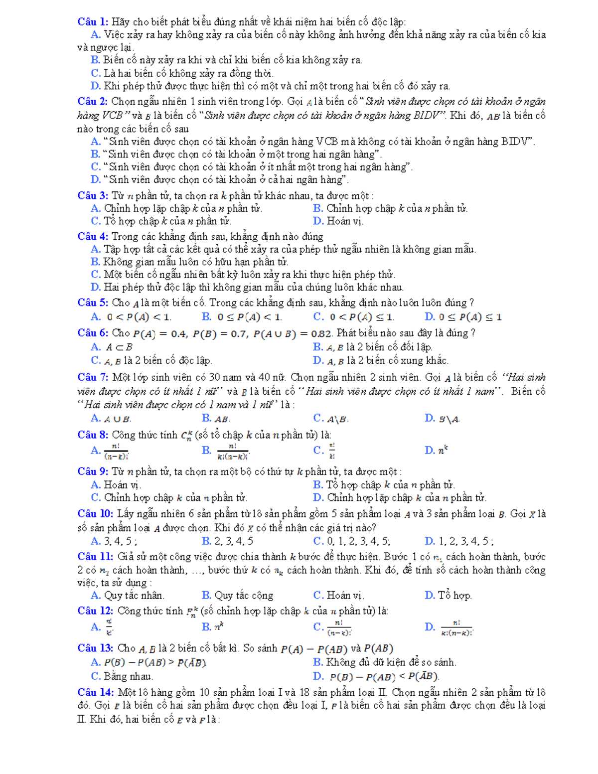 TN1 - Bài Tập về XSTK: Khái Niệm và Ví Dụ về Biến Cố Độc Lập - Studocu
