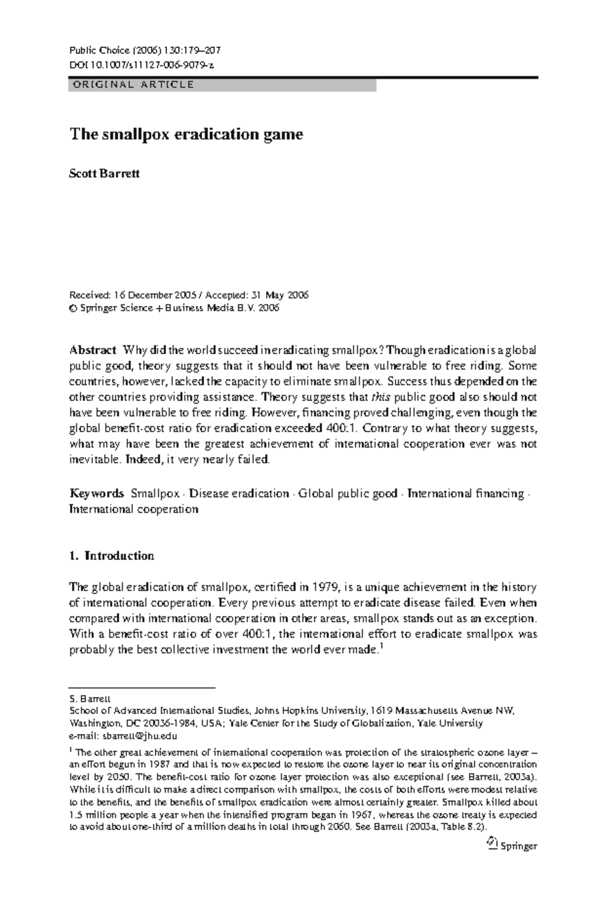 The Smallpox Eradication Game: Insights on Global Health Cooperation ...