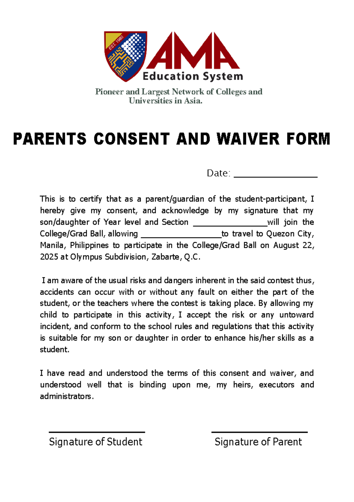 PARENTS CONSENT AND WAIVER FORM for Student Participation in Ball - Studocu