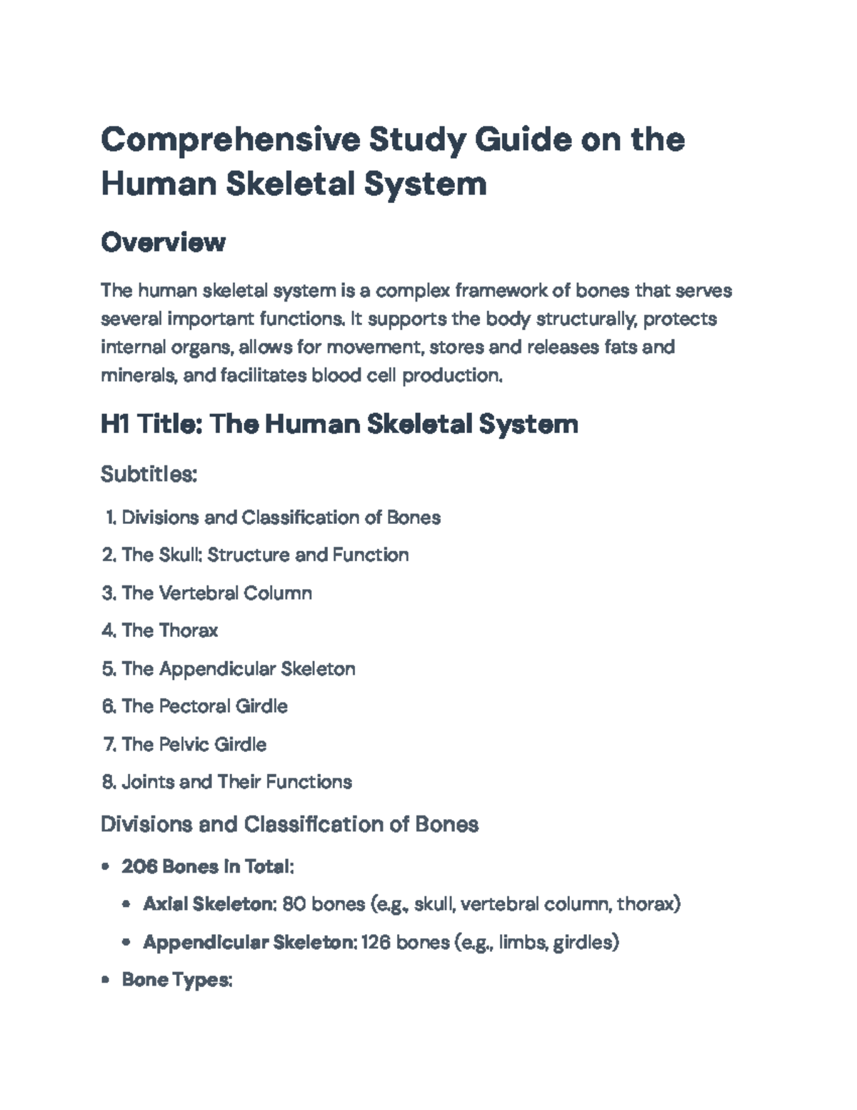 Comprehensive Study Guide: Human Skeletal System (BIO 101 ...