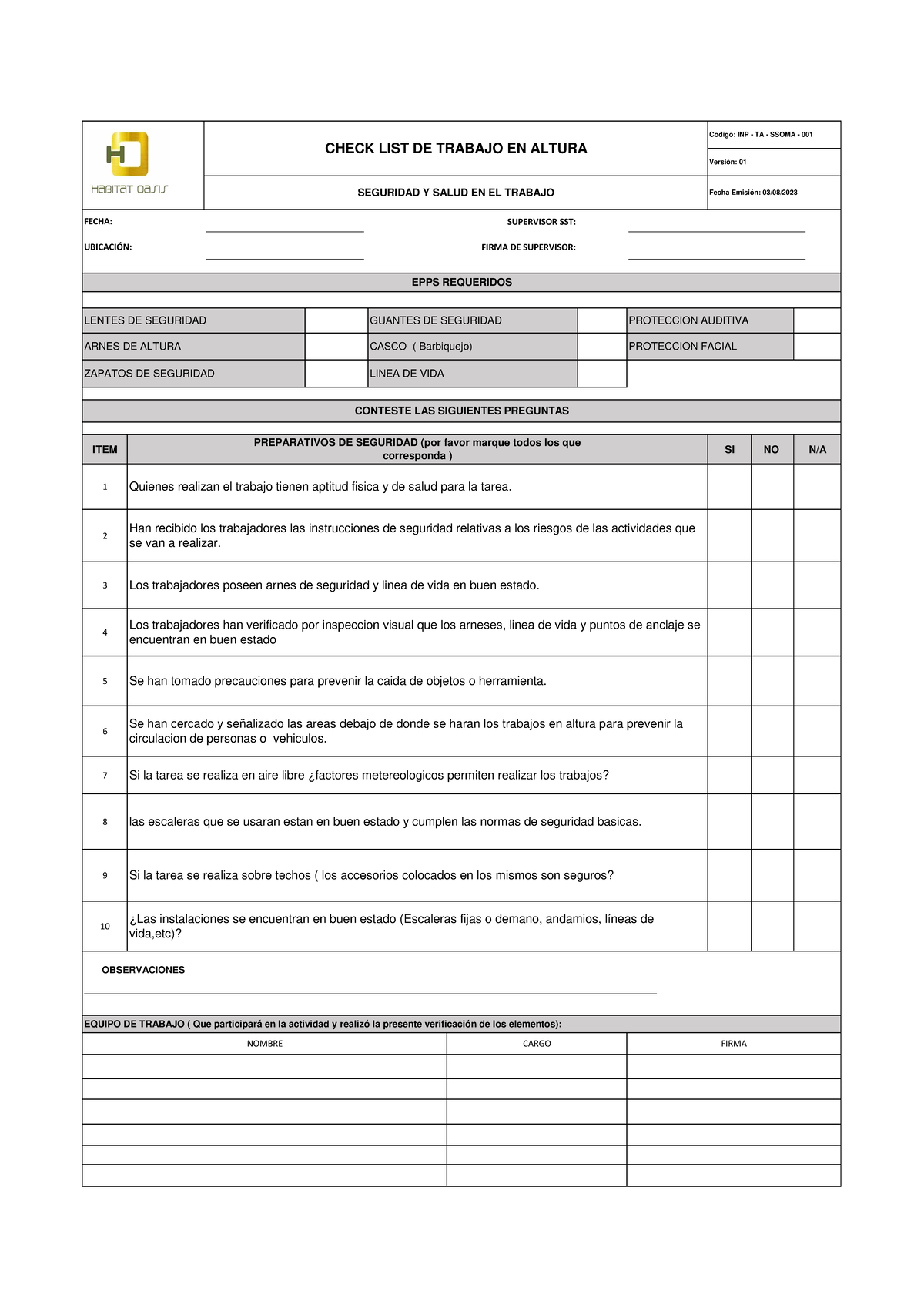 Check List de Seguridad en Trabajos en Altura - INP - TA - SSOMA - 001 ...