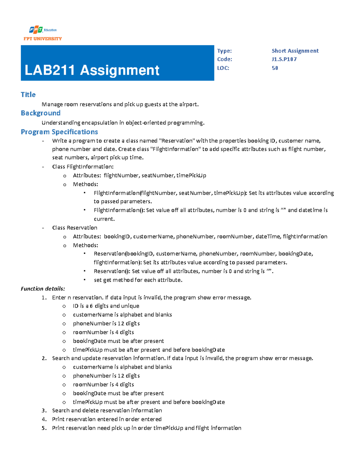 LAB211 Short Assignment: Room Reservations & Airport Pickup Management - Studocu