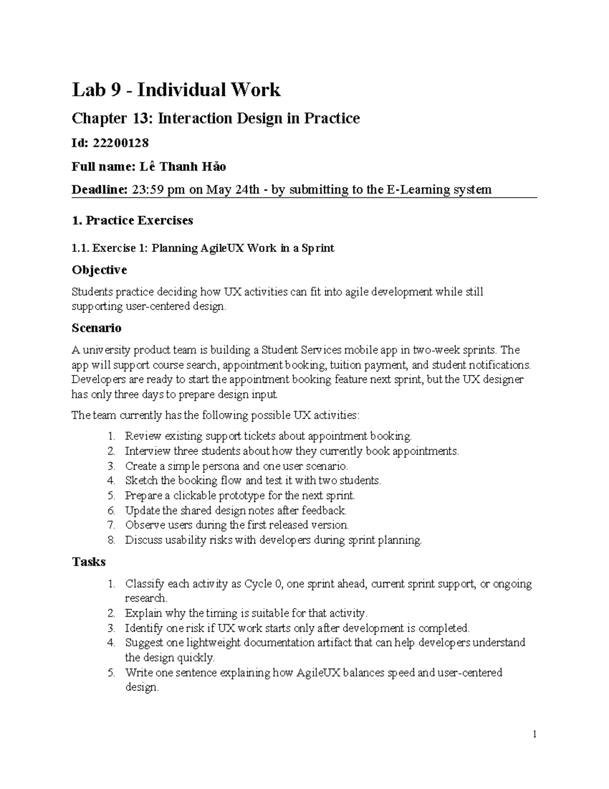 Lab 9: AgileUX Interaction Design Practices - Chapter 13 Insights - Studocu