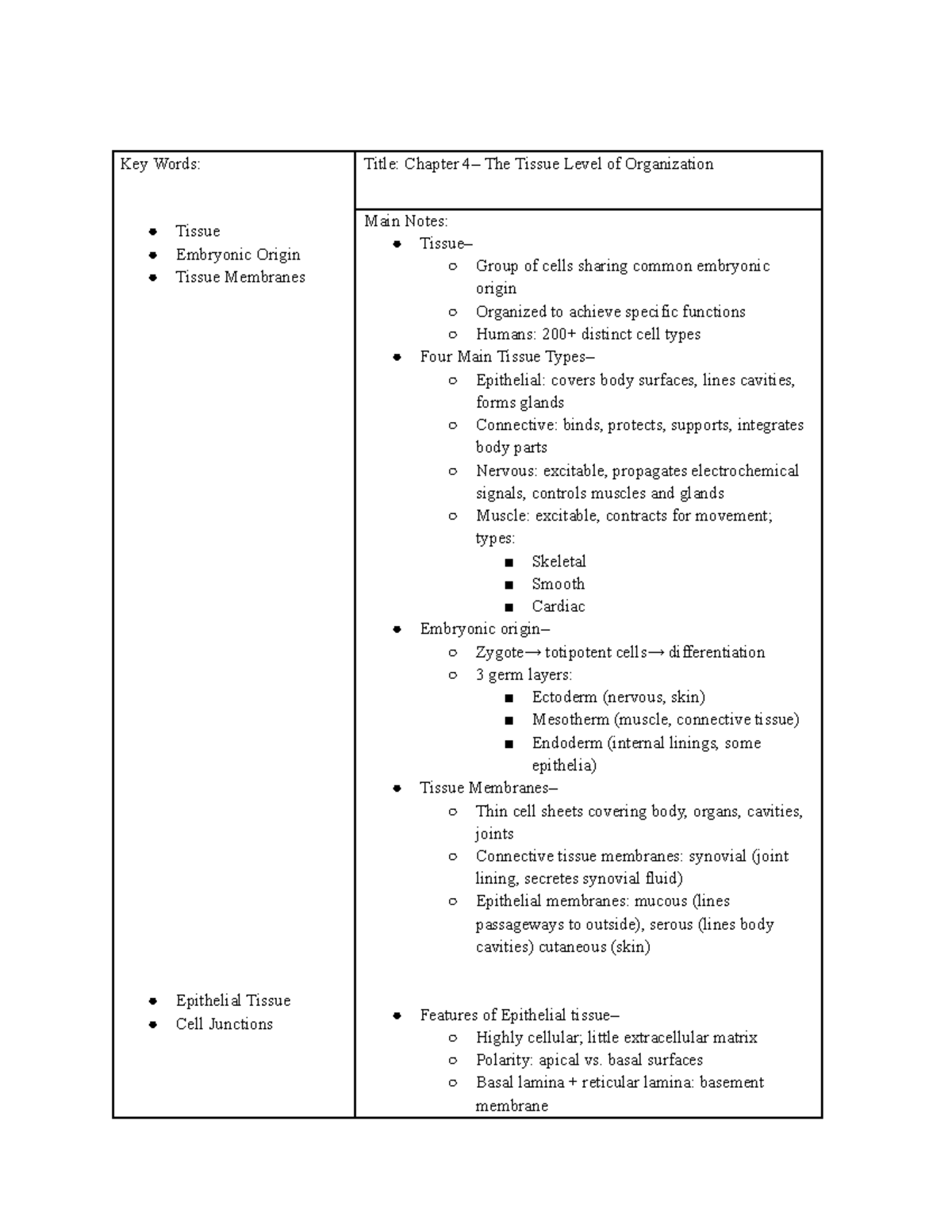 Chapter 4: The Tissue Level of Organization - Main Notes - Studocu