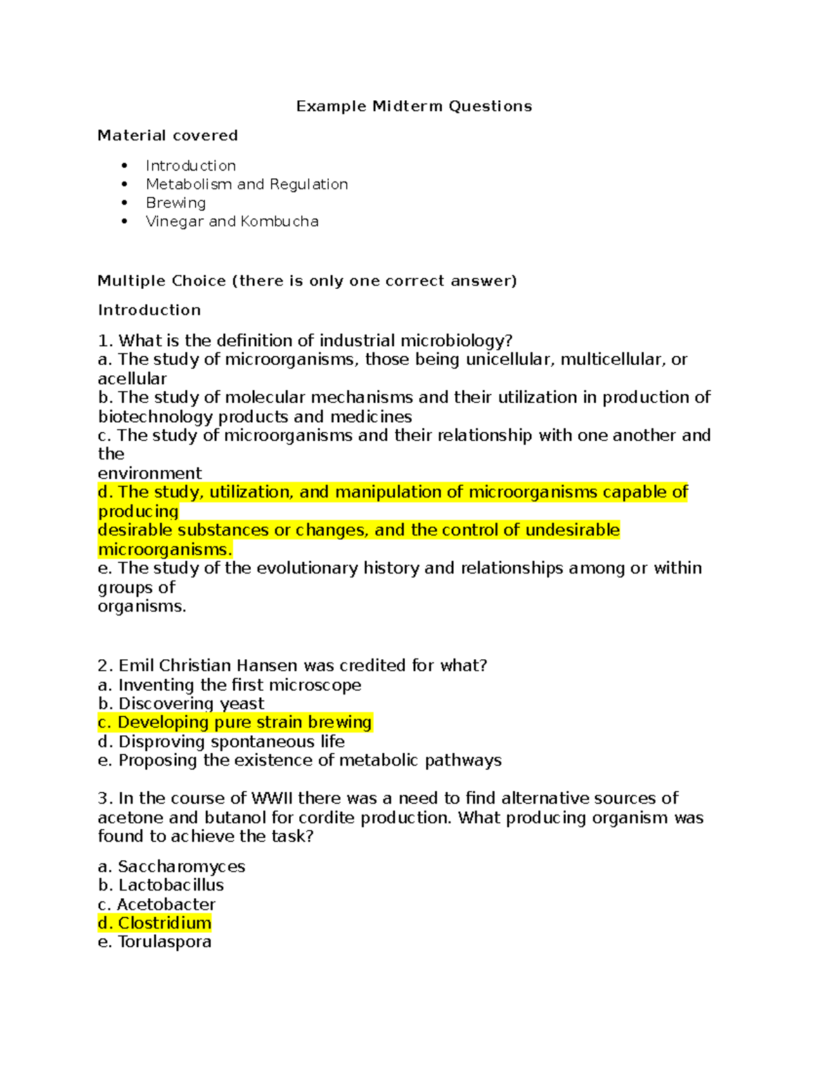 Example Midterm Questions for Industrial Microbiology (Course Code ...