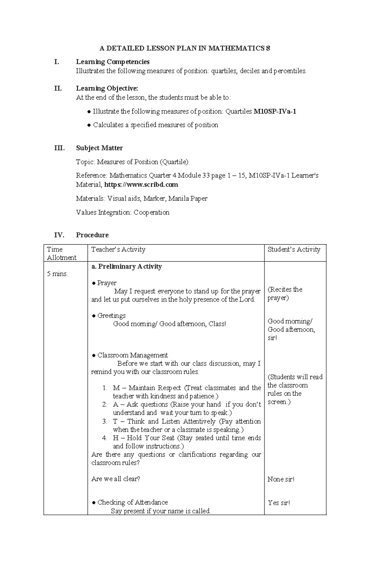 DEMO1 - N/A - A DETAILED LESSON PLAN IN MATHEMATICS 8 I. Learning ...