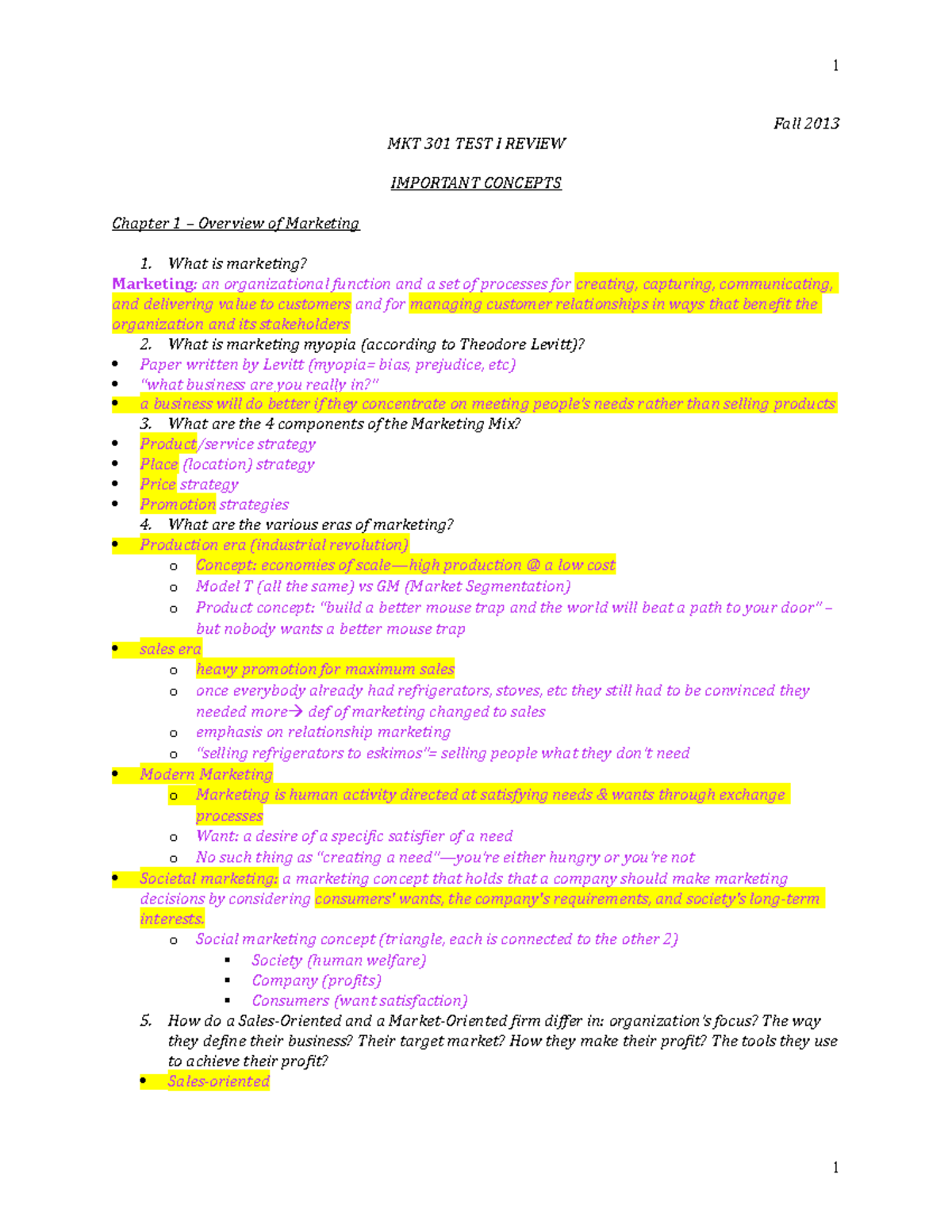 Test 1 review answers - 1 Fall 2013 MKT 301 TEST I REVIEW IMPORTANT ...
