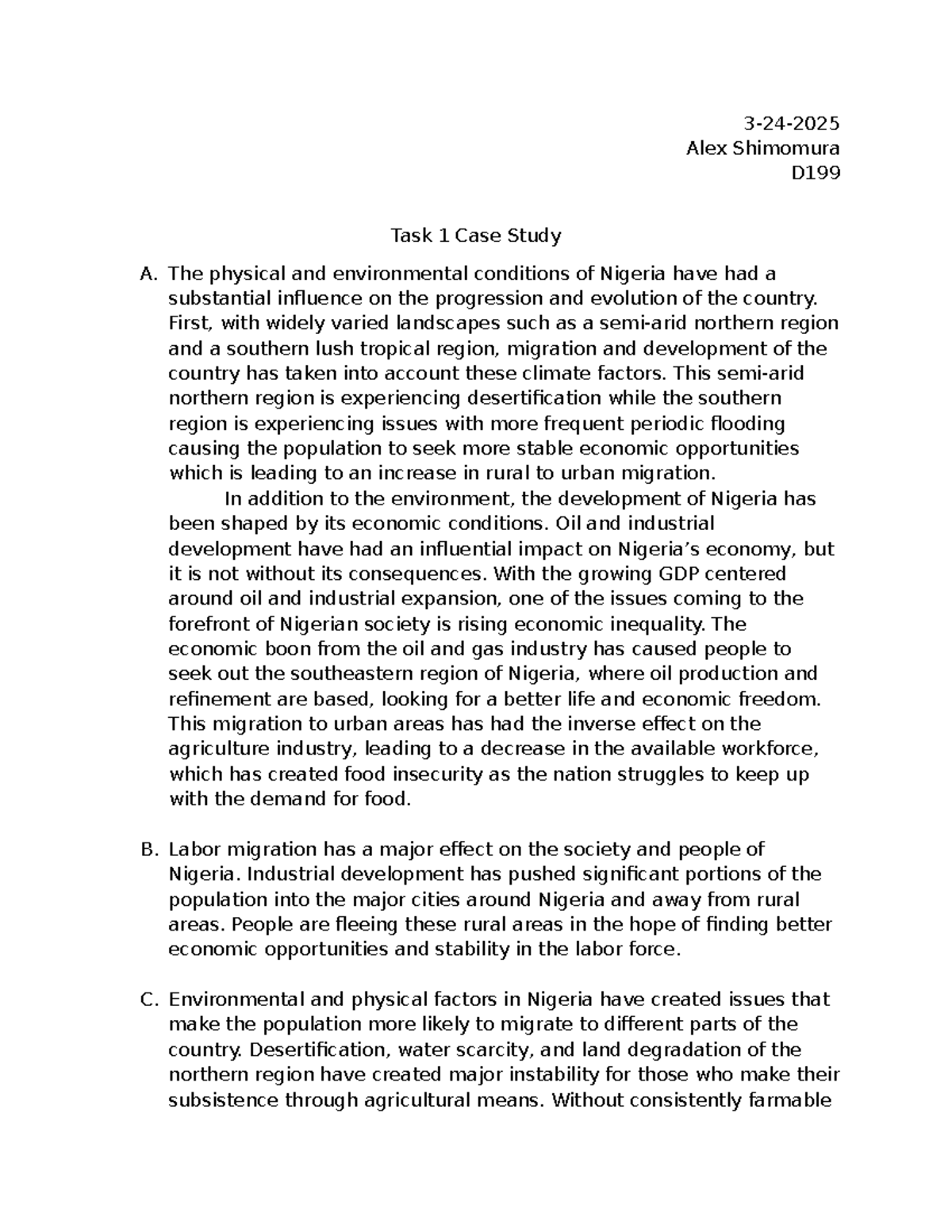 D199 Task 1 Case Study: Migration and Economic Changes in Nigeria - Studocu
