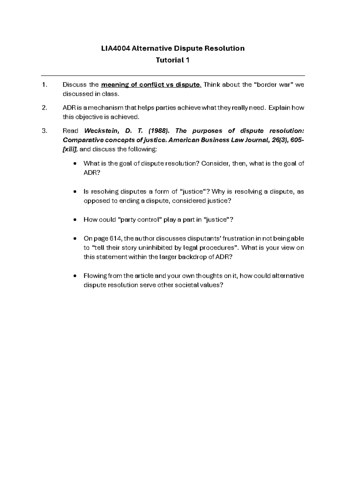 LIA4004 Alternative Dispute Resolution Tutorial 1 Insights - Studocu