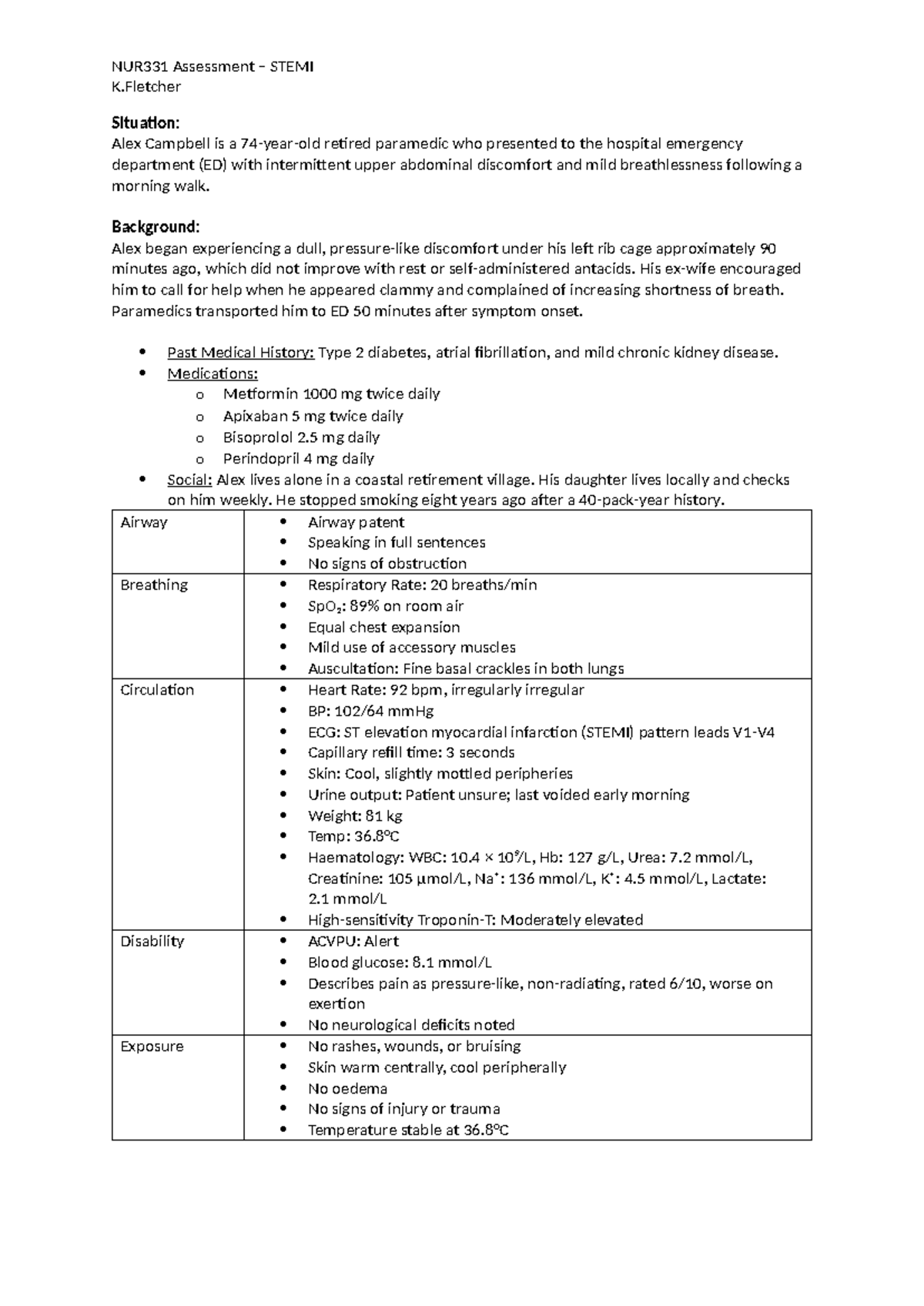 NUR331 Assessment Task 1: STEMI Case Study - Alex Campbell 2025 - Studocu
