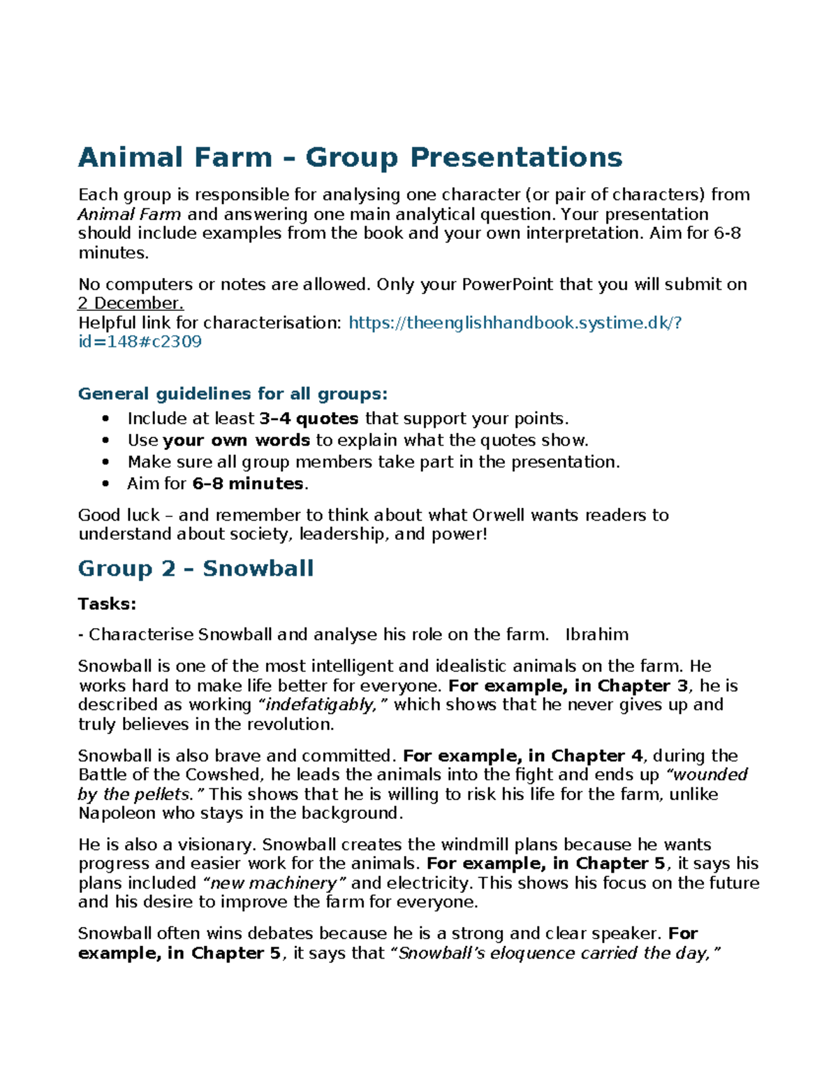 Animal Farm Group Presentations: Analyzing Snowball's Role - Studocu