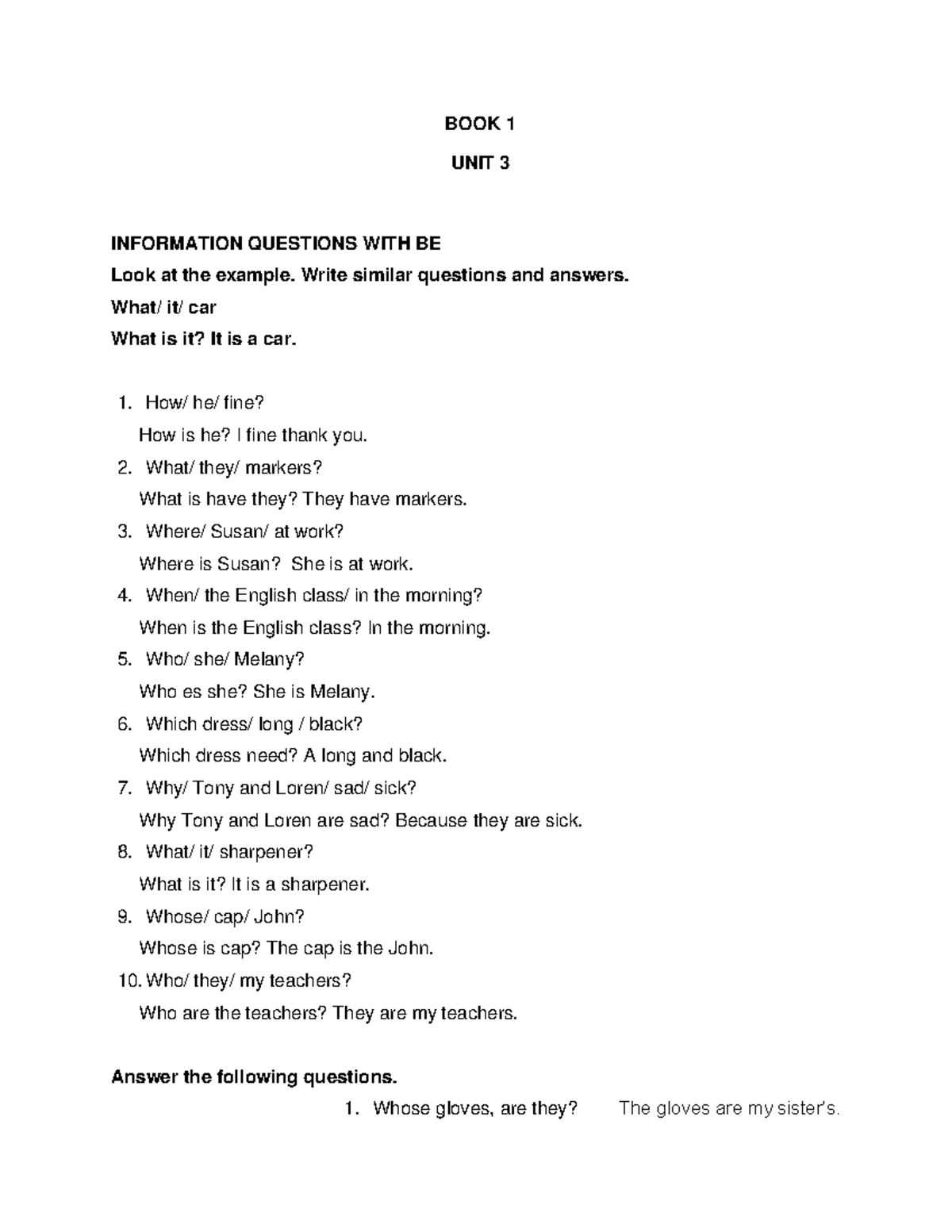 UNIT 3 BOOK 1 - Actividades de Preguntas Informativas y Adjetivos ...