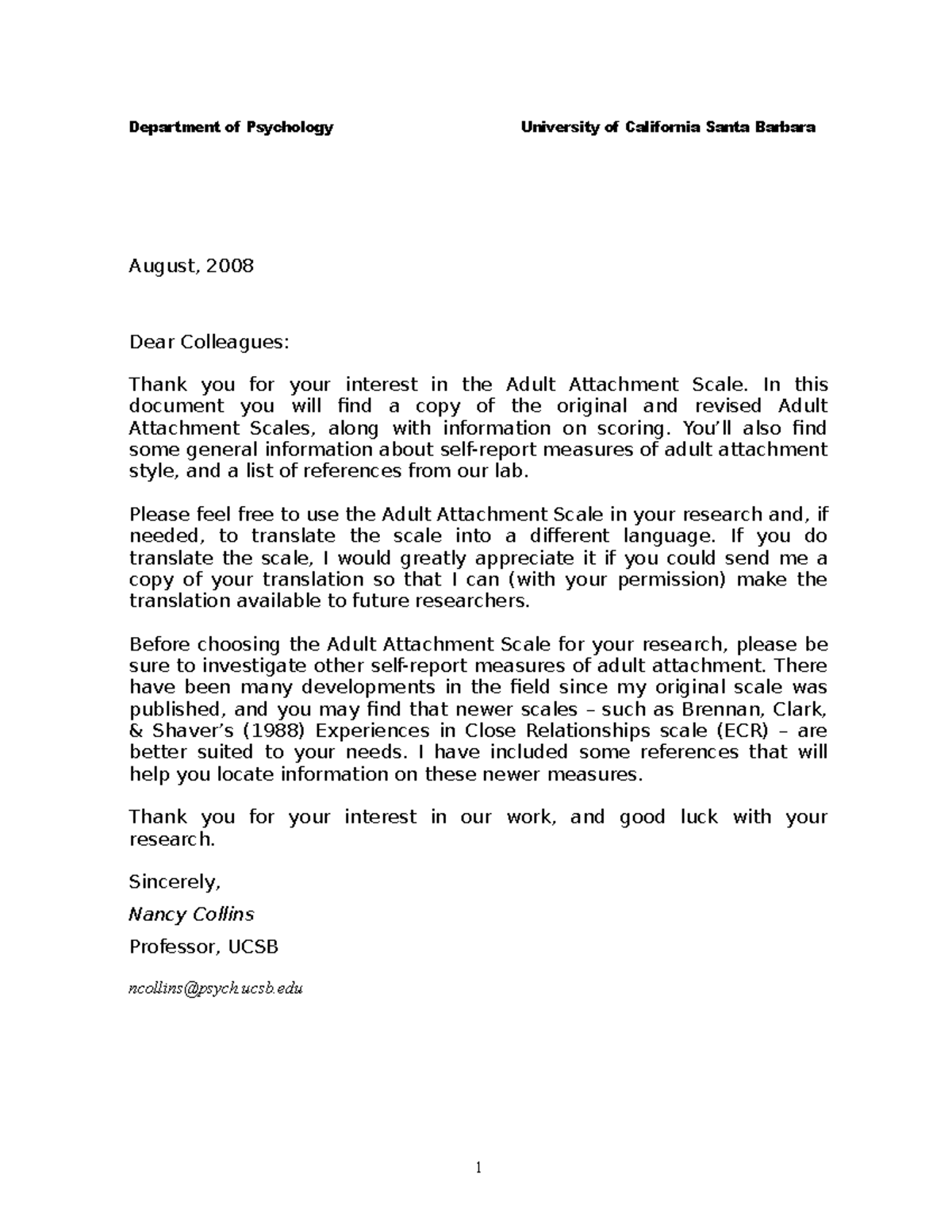 Adult Attachment Scale: Revised Version & Scoring Guidelines - Studocu