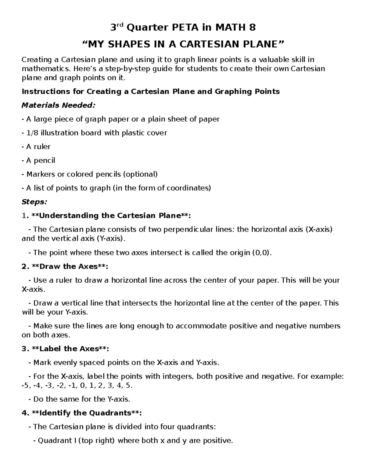 3rd Quarter PETA: Graphing Points on a Cartesian Plane in MATH 8 - Studocu