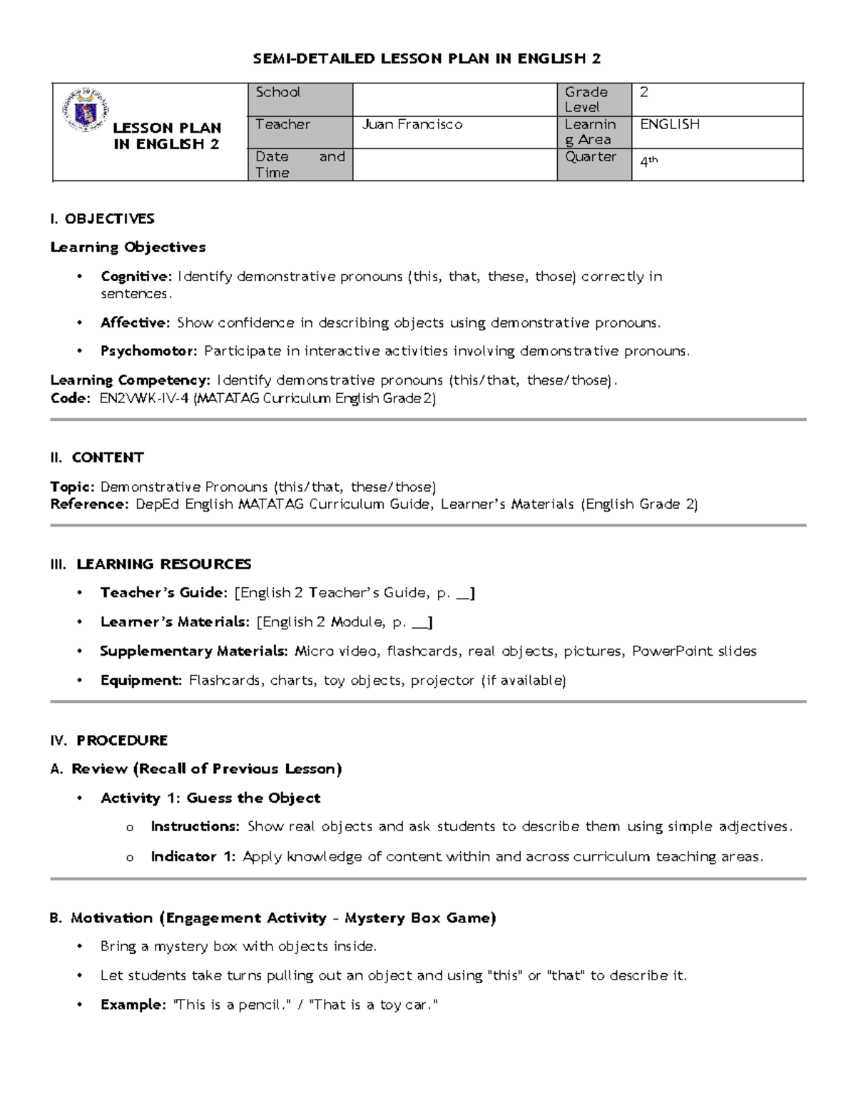 LP ENGLISH 2: Lesson Plan on Demonstrative Pronouns - Studocu