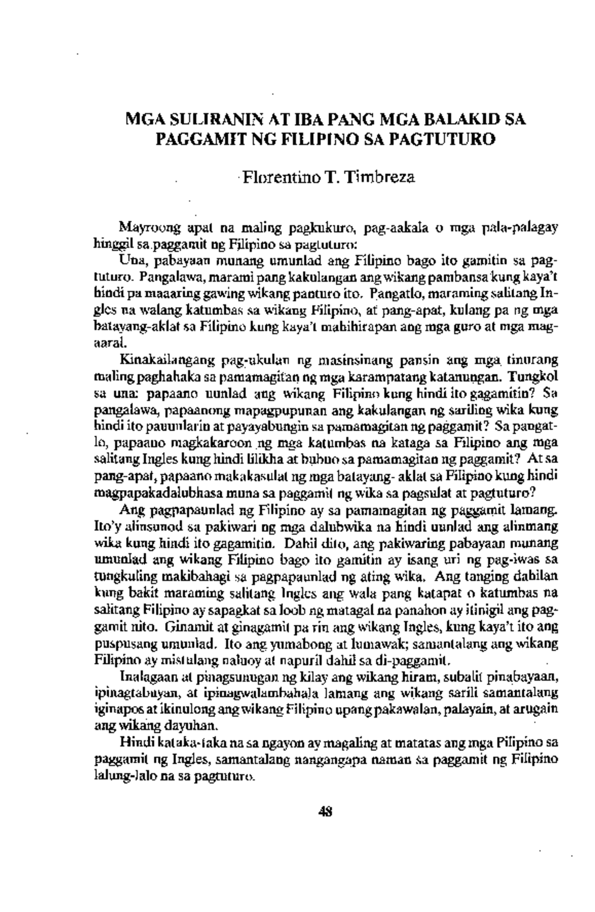 Mga Suliranin at Balakid sa Paggamit ng Filipino sa Pagtuturo - Studocu