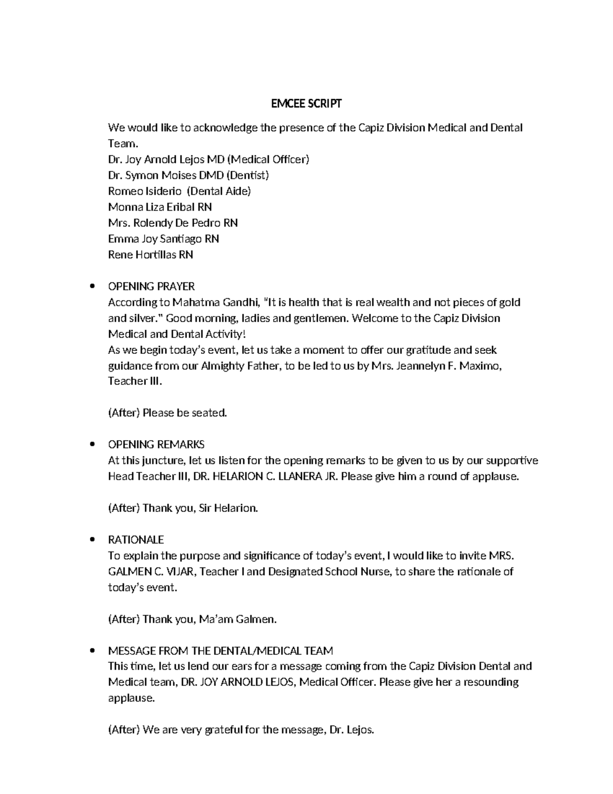 Capiz Division Medical & Dental Event Emcee Script - Studocu