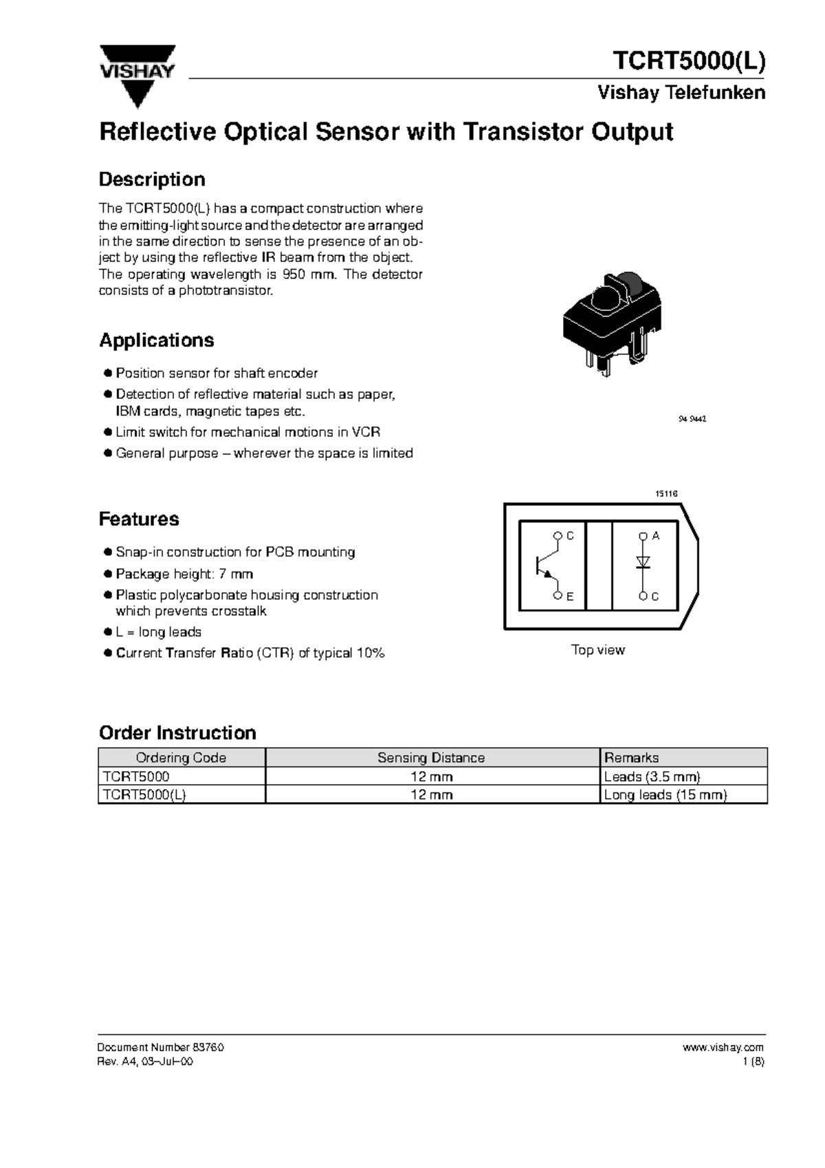 TCRT5000 Reflective Optical Sensor Overview and Specifications - Studocu