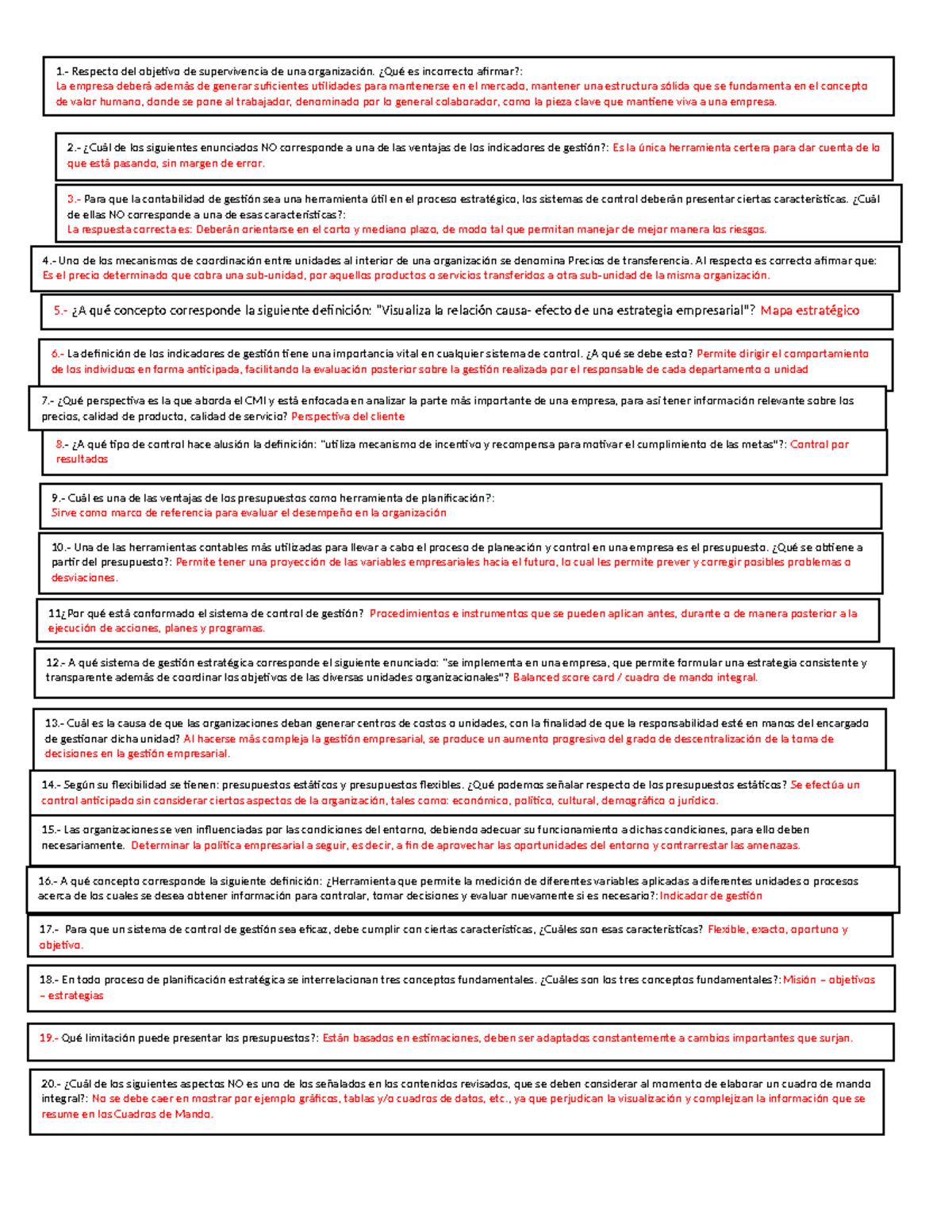 Examen de Control de Gestión: Preguntas y Respuestas Clave - Studocu