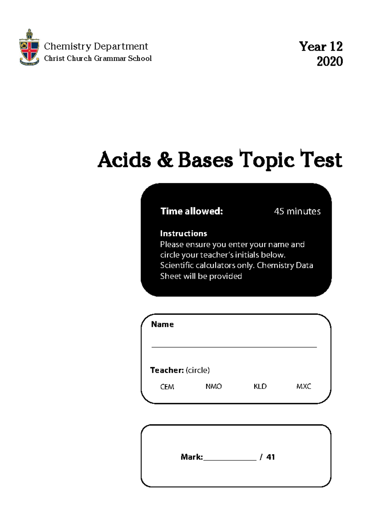 Year 12 CCGS Chemistry Acids and Bases Topic Test 2020 - Studocu