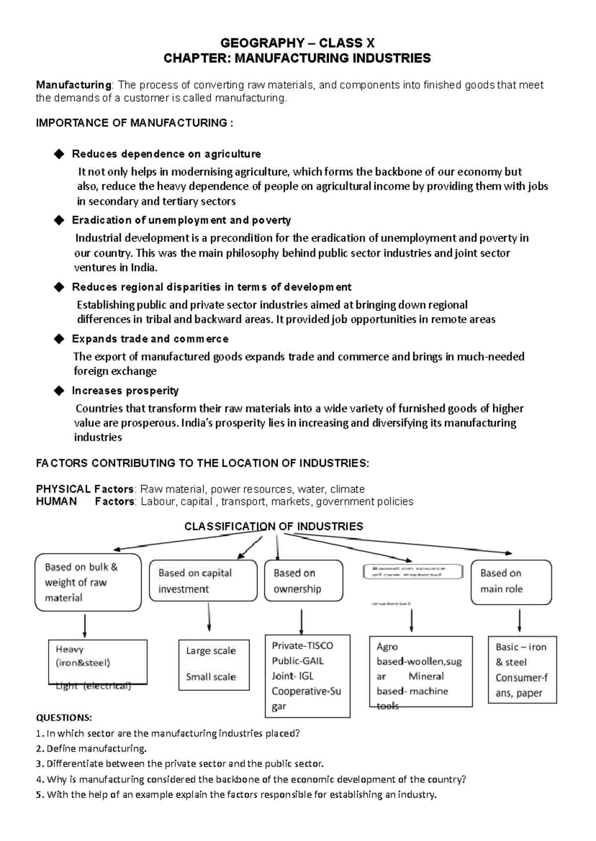 GEOGRAPHY CLASS X: CHAPTER NOTES ON MANUFACTURING INDUSTRIES - Studocu
