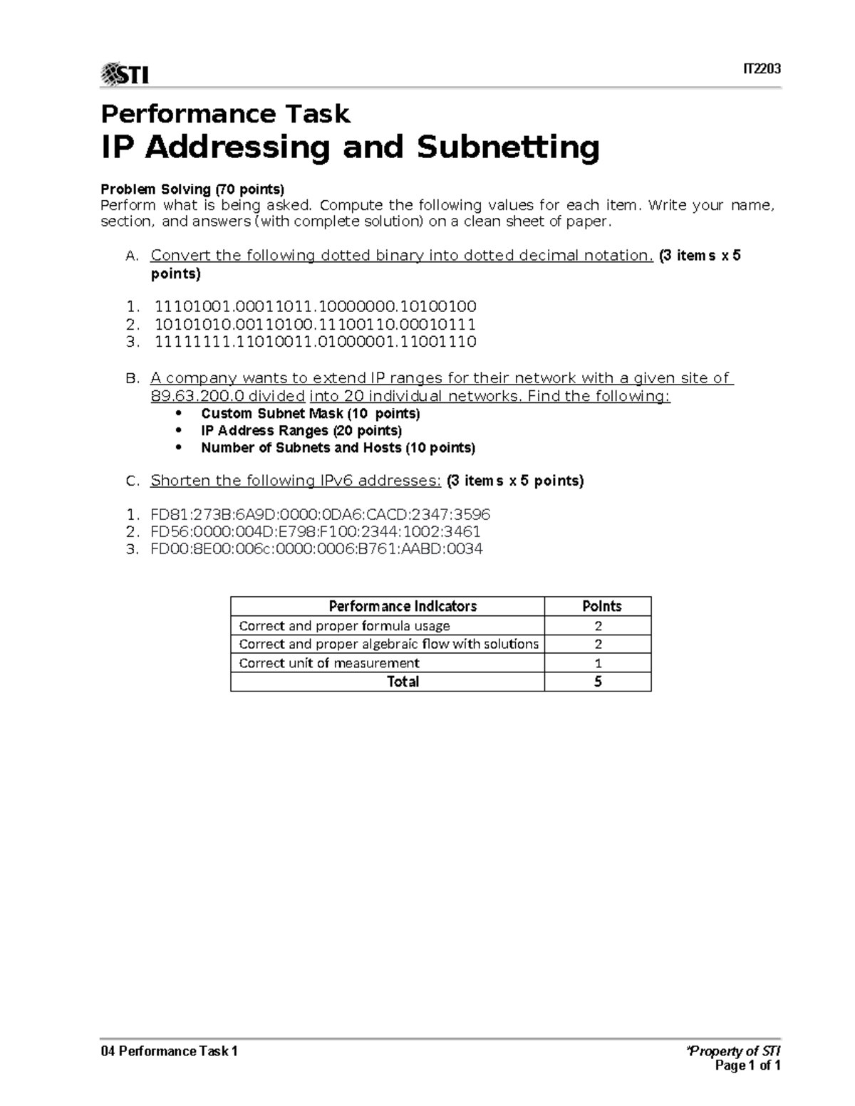 IT 04 Performance Task 1: IP Addressing and Subnetting Solutions - Studocu