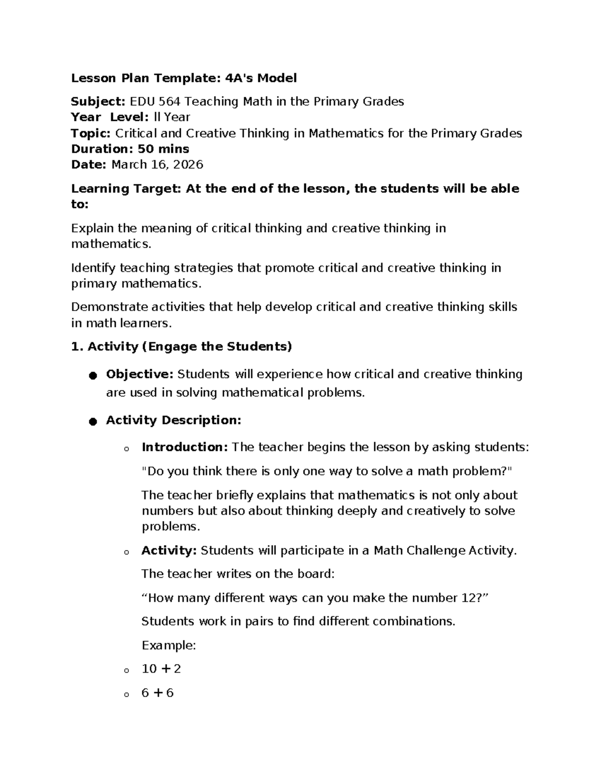 Lesson Plan Template: EDU 564 Critical & Creative Thinking in Math ...