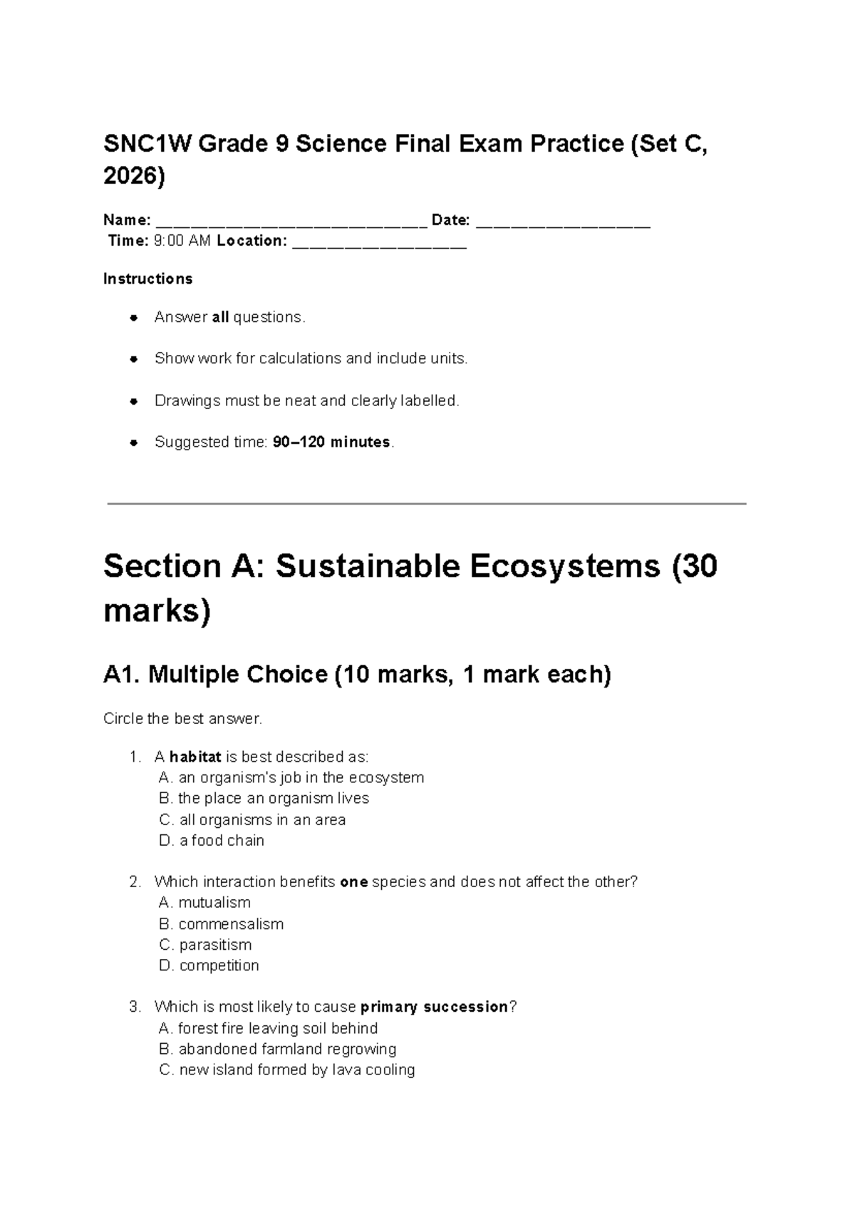 SNC1W Grade 9 Science Final Exam Practice Questions (Set C, 2026) - Studocu