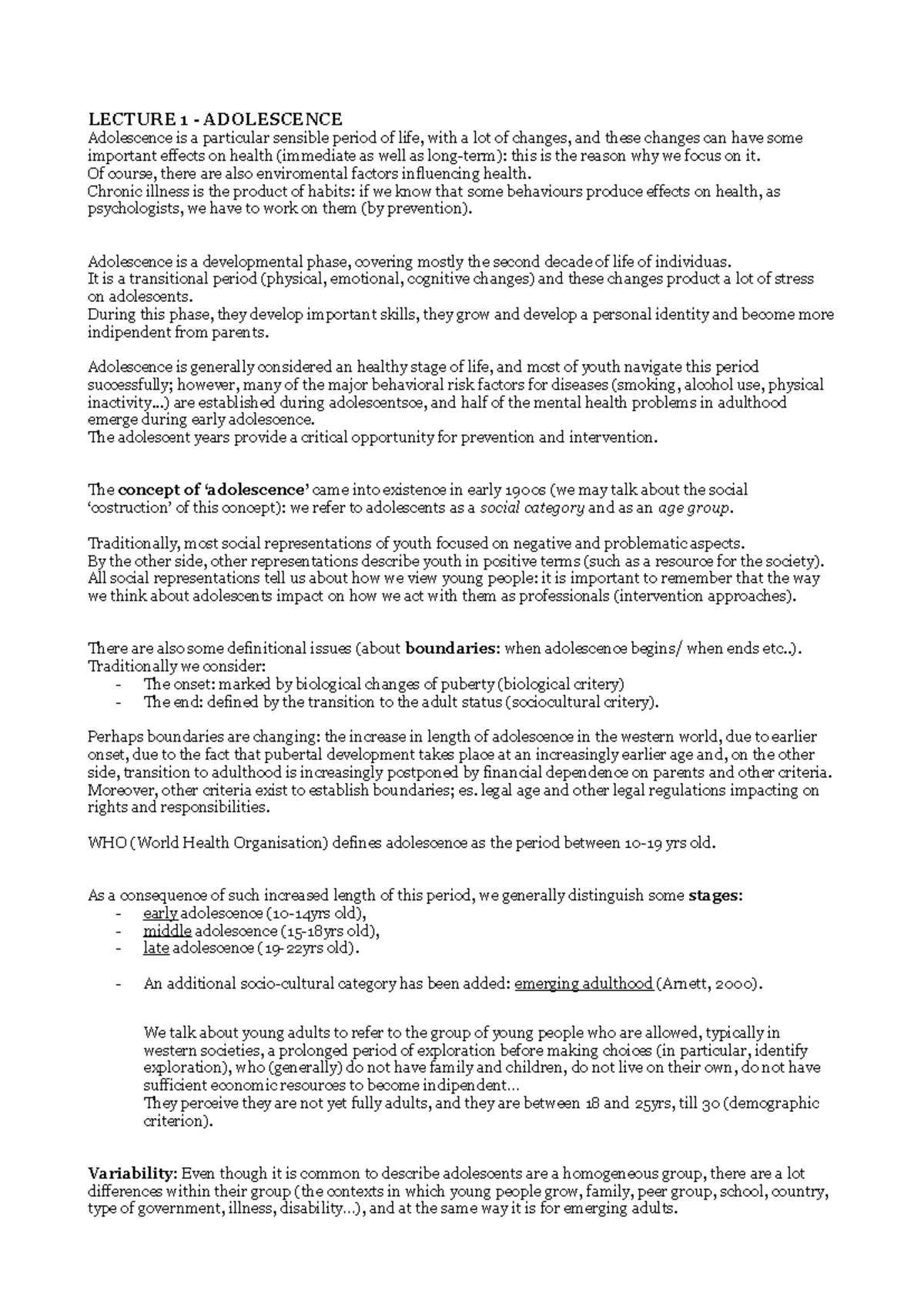 LECTURE NOTES: ADOLESCENCE & HEALTH (PSY 101) - Studocu