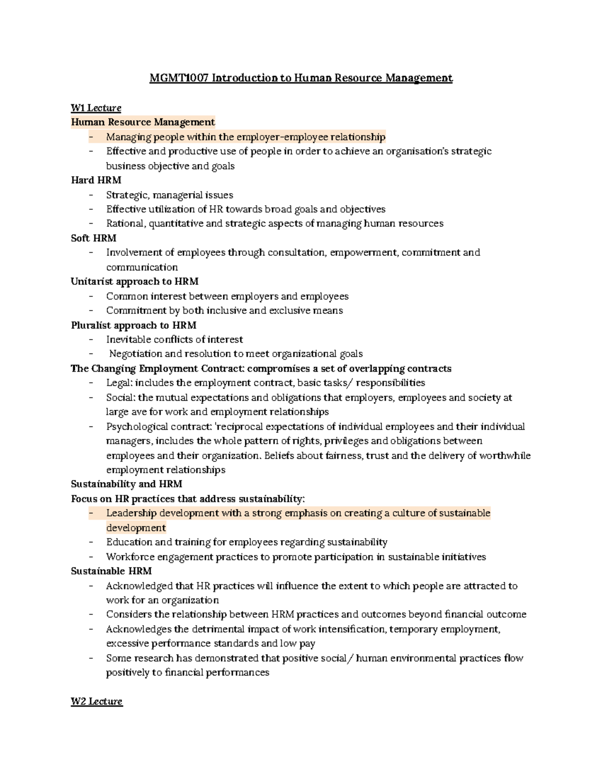 MGMT1007 W1-W8 Lecture Notes on Human Resource Management Concepts ...