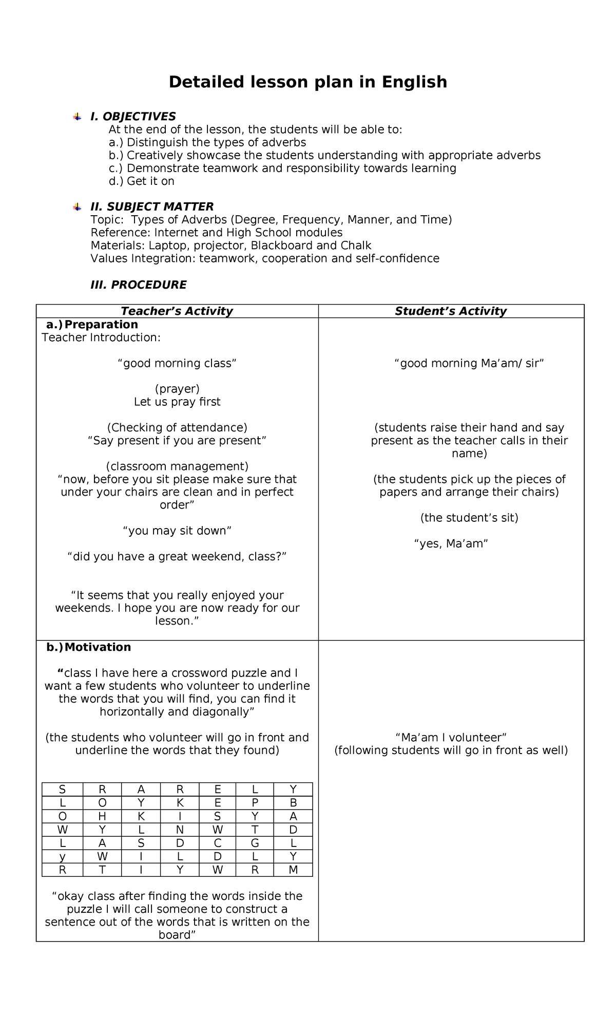 Adverbs DLP 1 1 - Wen - Detailed lesson plan in English I. OBJECTIVES ...