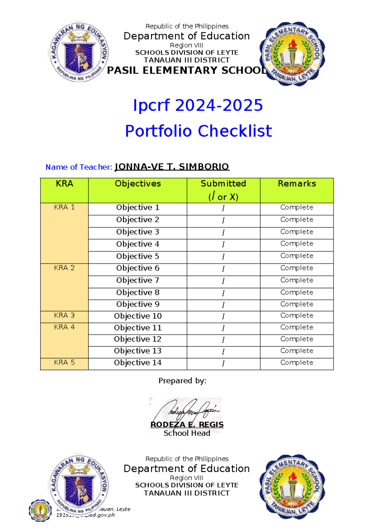 Ipcrf Portfolio Checklist 2024-2025 for Pasil Elementary School - Studocu