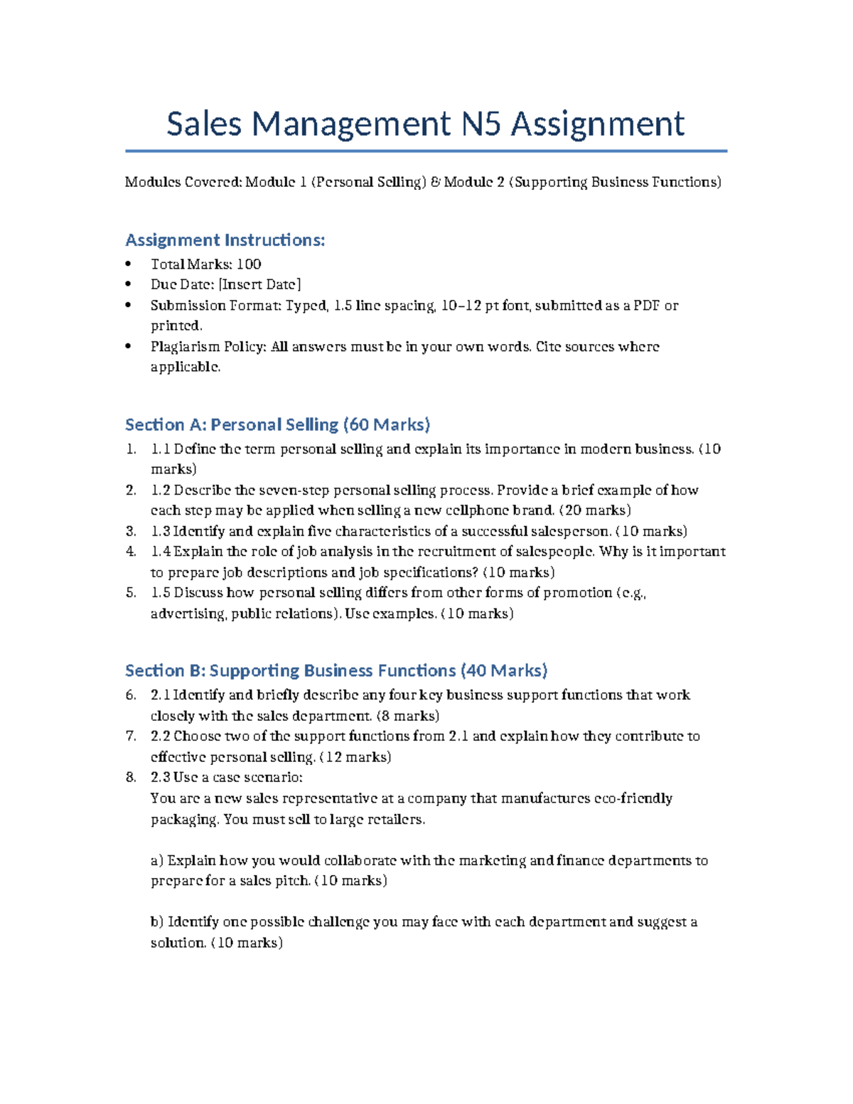 Sales Management N5 Assignment & Memo: Personal Selling & Support ...