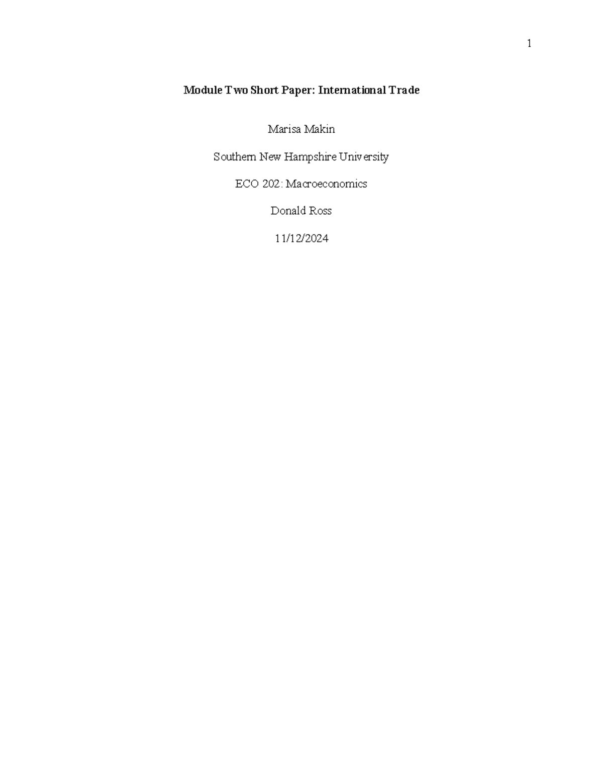 ECO 202 Module Two Short Paper - Module Two Short Paper: International ...