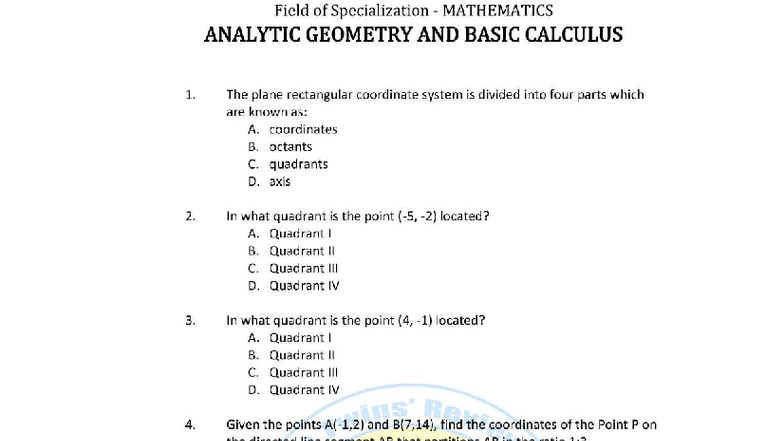 Pre-Test Questions for MATHEMATICS: ANALYTIC GEOMETRY & CALCULUS - Studocu