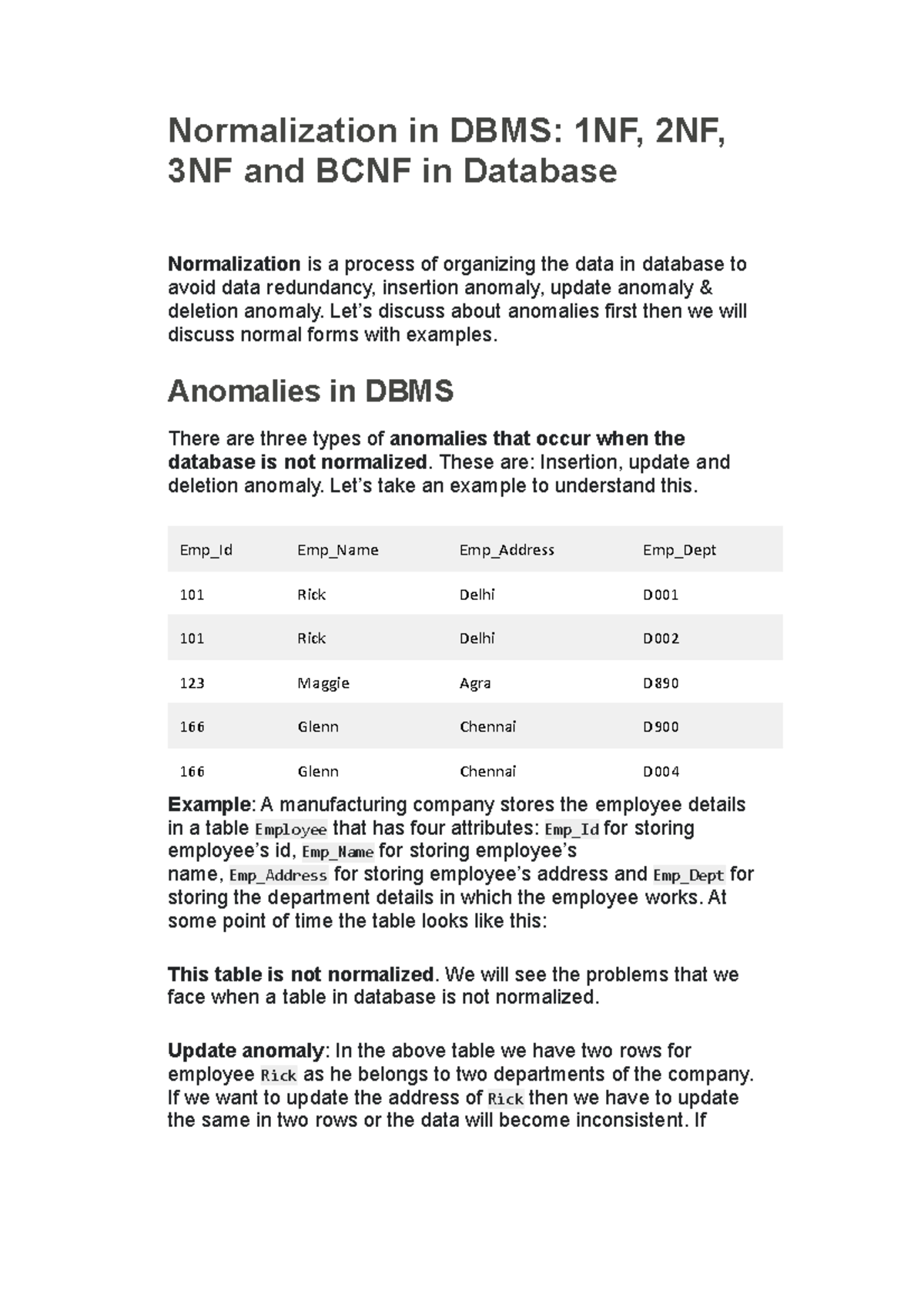 Normalization in DBMS - for revision - Normalization in DBMS: 1NF, 2NF ...