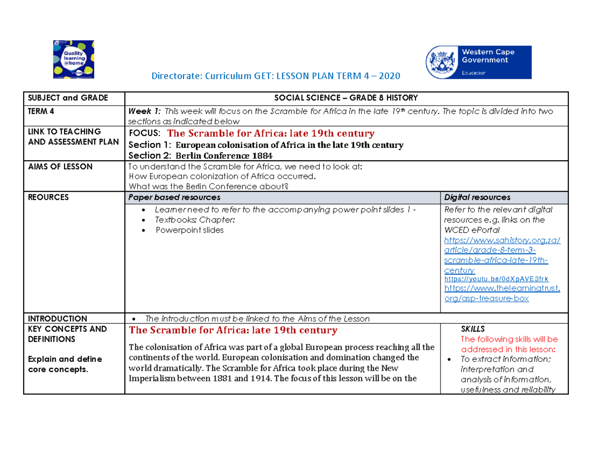Lesson Plan: Grade 8 SS History T4 W1 - The Scramble for Africa - Studocu