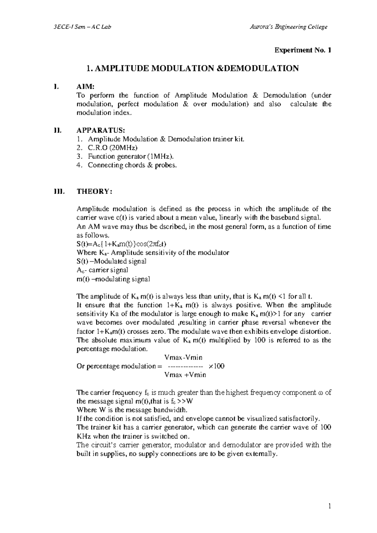 3ece ac lab manual 2 11 - Experiment No. 1 1. AMPLITUDE MODULATION ...