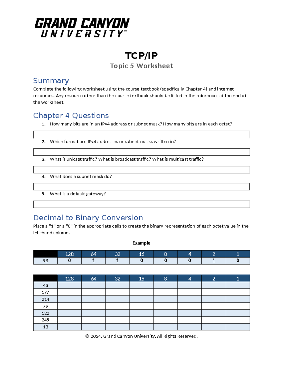 ITT 116 T5 Worksheet: IPv4 Addressing and Subnetting Concepts - Studocu