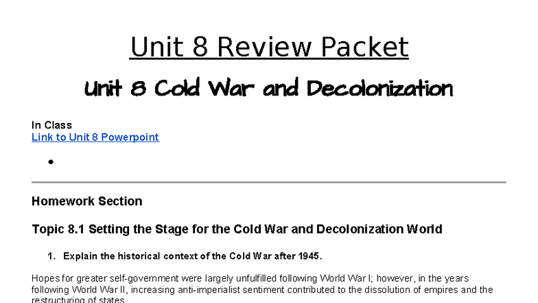 Unit 8 Review Packet: Cold War & Decolonization Insights - Studocu