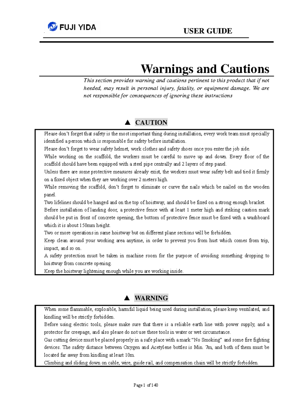 USER GUIDE: Safety Warnings and Installation Procedures for Elevators ...