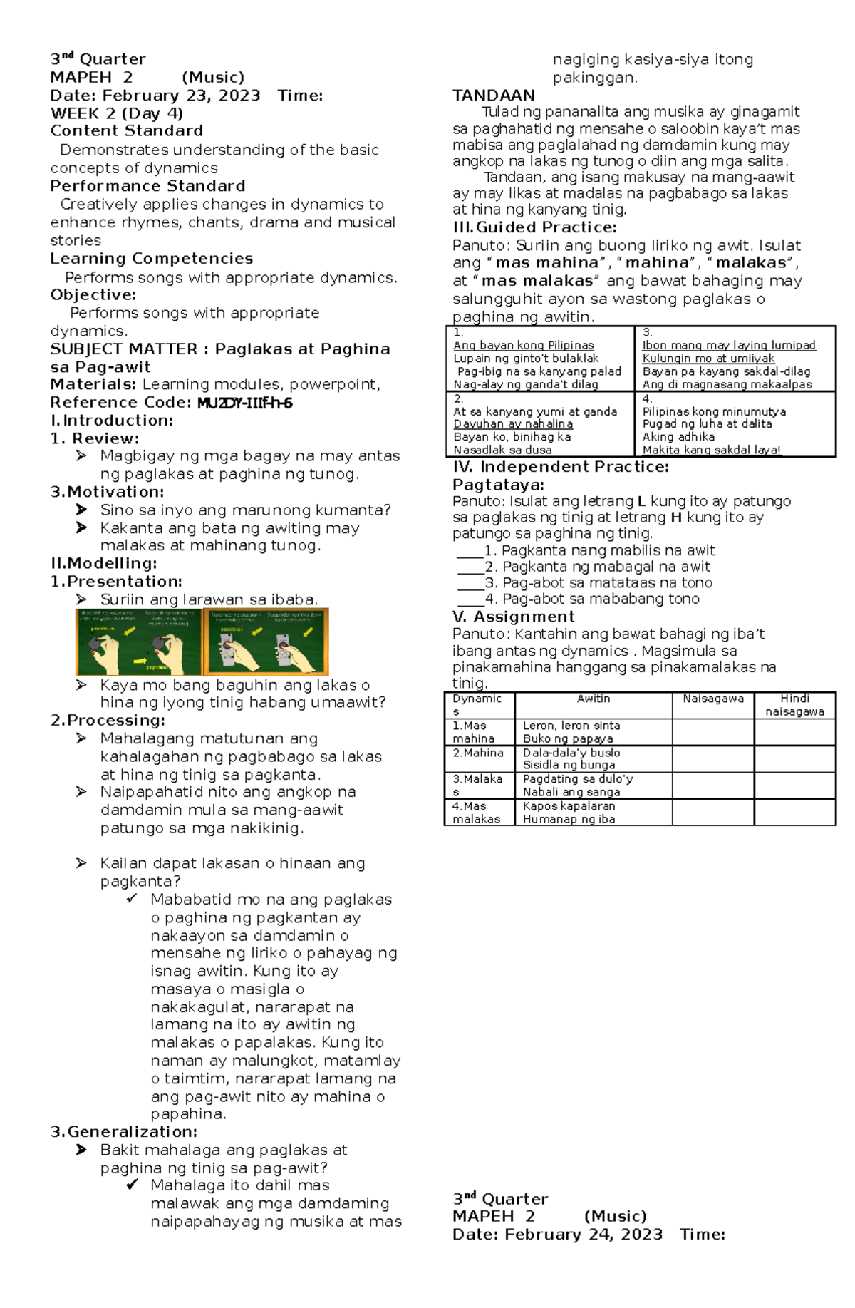 Q3-MAPEH 2 Music Week 2: Dynamics in Singing (Days 4-5) - Studocu