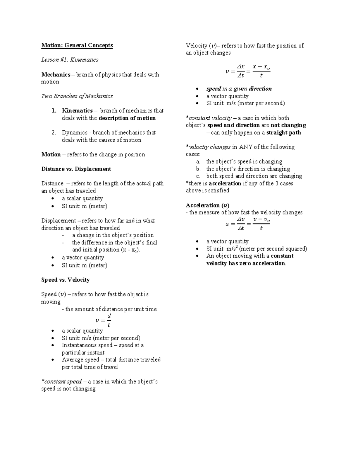 Motion Kinematics: General Concepts and Key Equations (Course Code: KIN ...